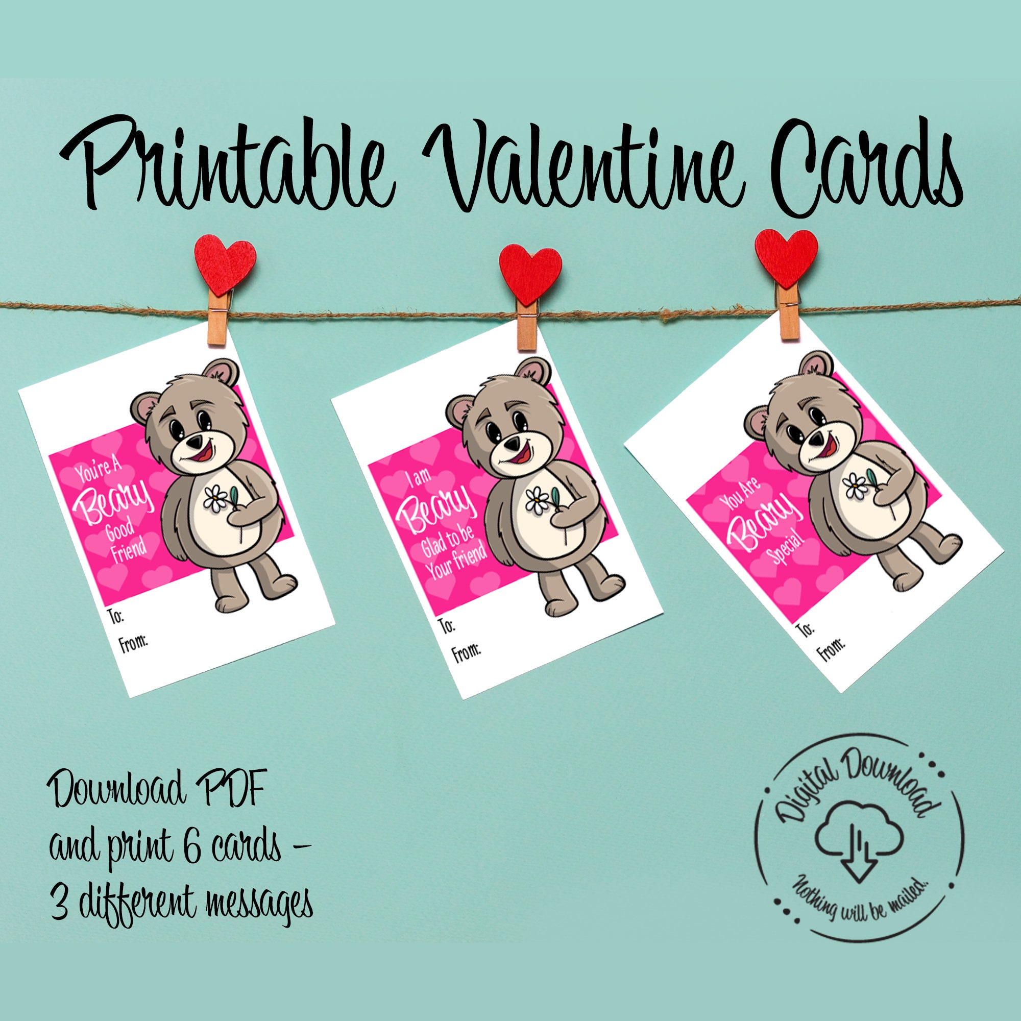 Teddy Bear Valentine Cards | INSTANT DOWNLOAD | Kids Valentines Day ...